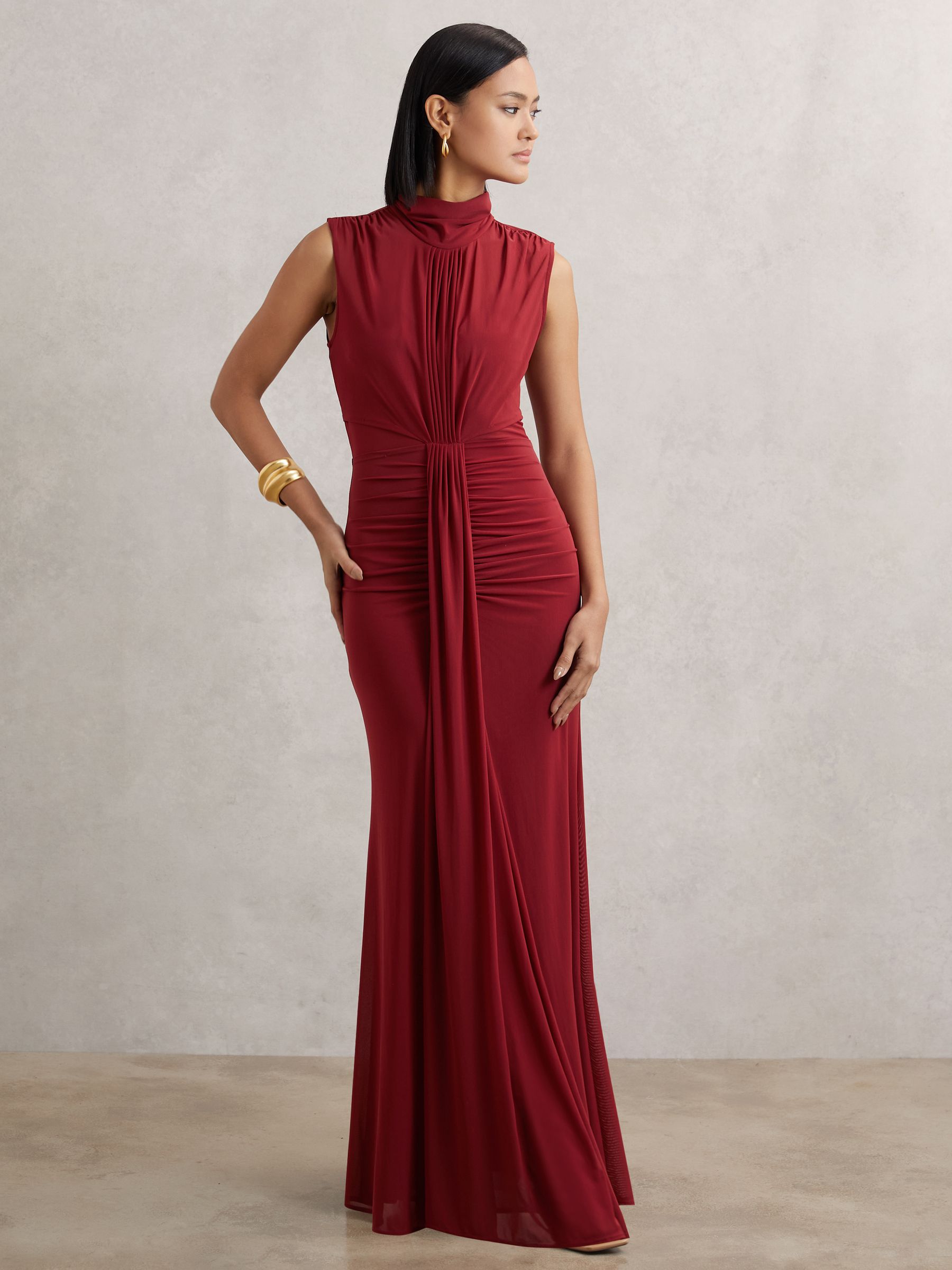 Reiss Sheer Ruched Maxi Dress in Dark Red | REISS