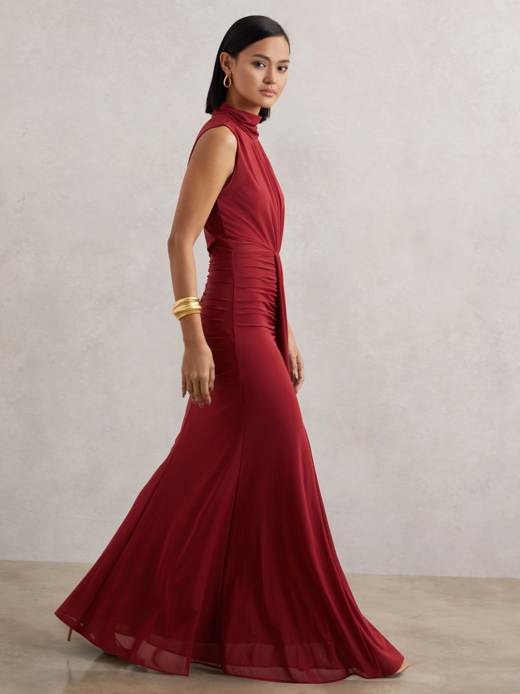 Reiss Sheer Ruched Maxi Dress in Dark Red | REISS