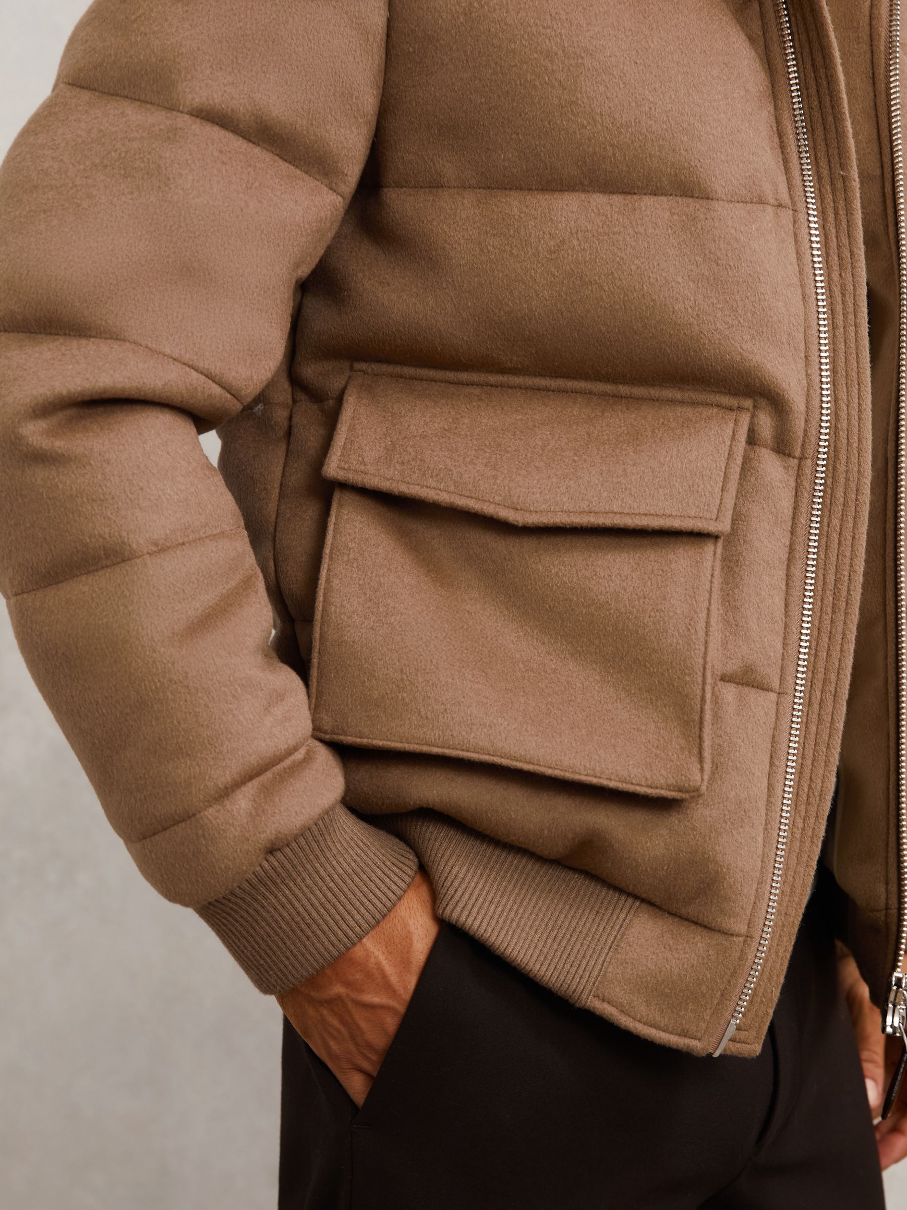 Reiss Faux-Fur Collar Quilted Puffer Jacket in Light Brown | REISS