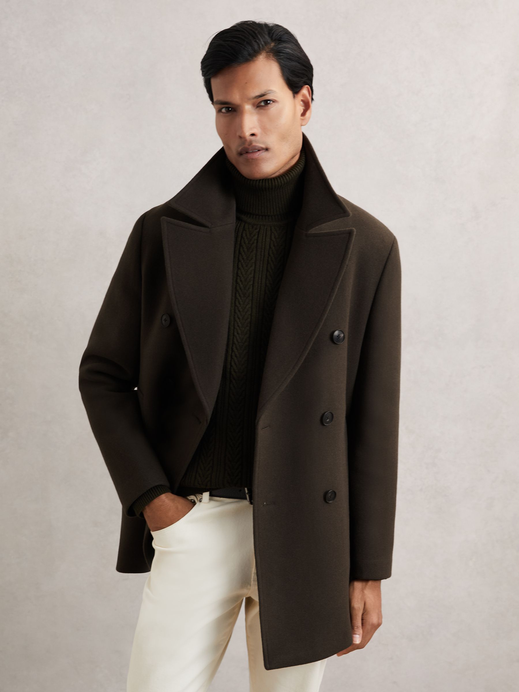 Reiss Wool-Blend Double-Breasted Pea Coat in Dark Green - REISS