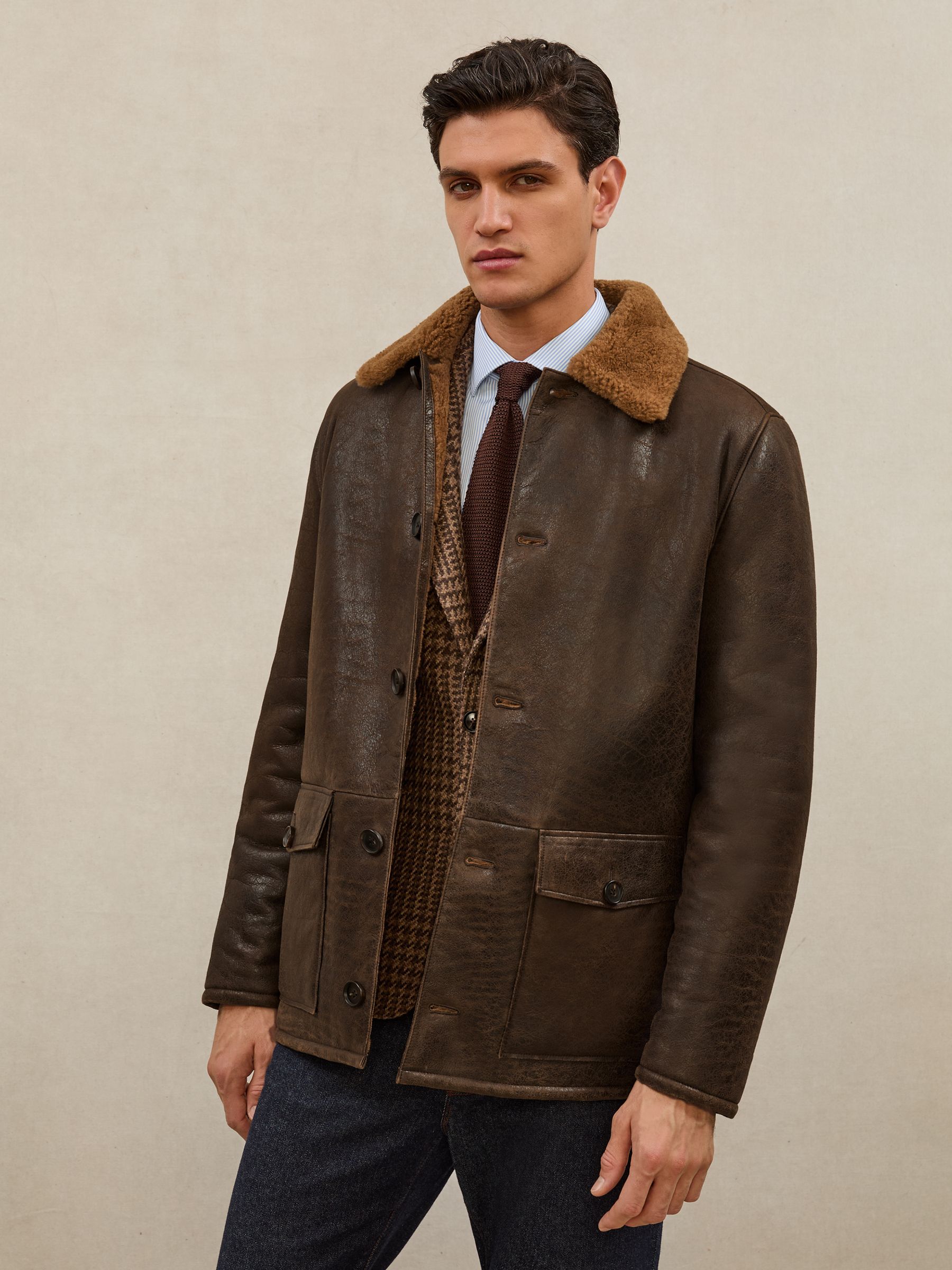 Reiss Atelier Shearling Leather Jacket in Brown | REISS