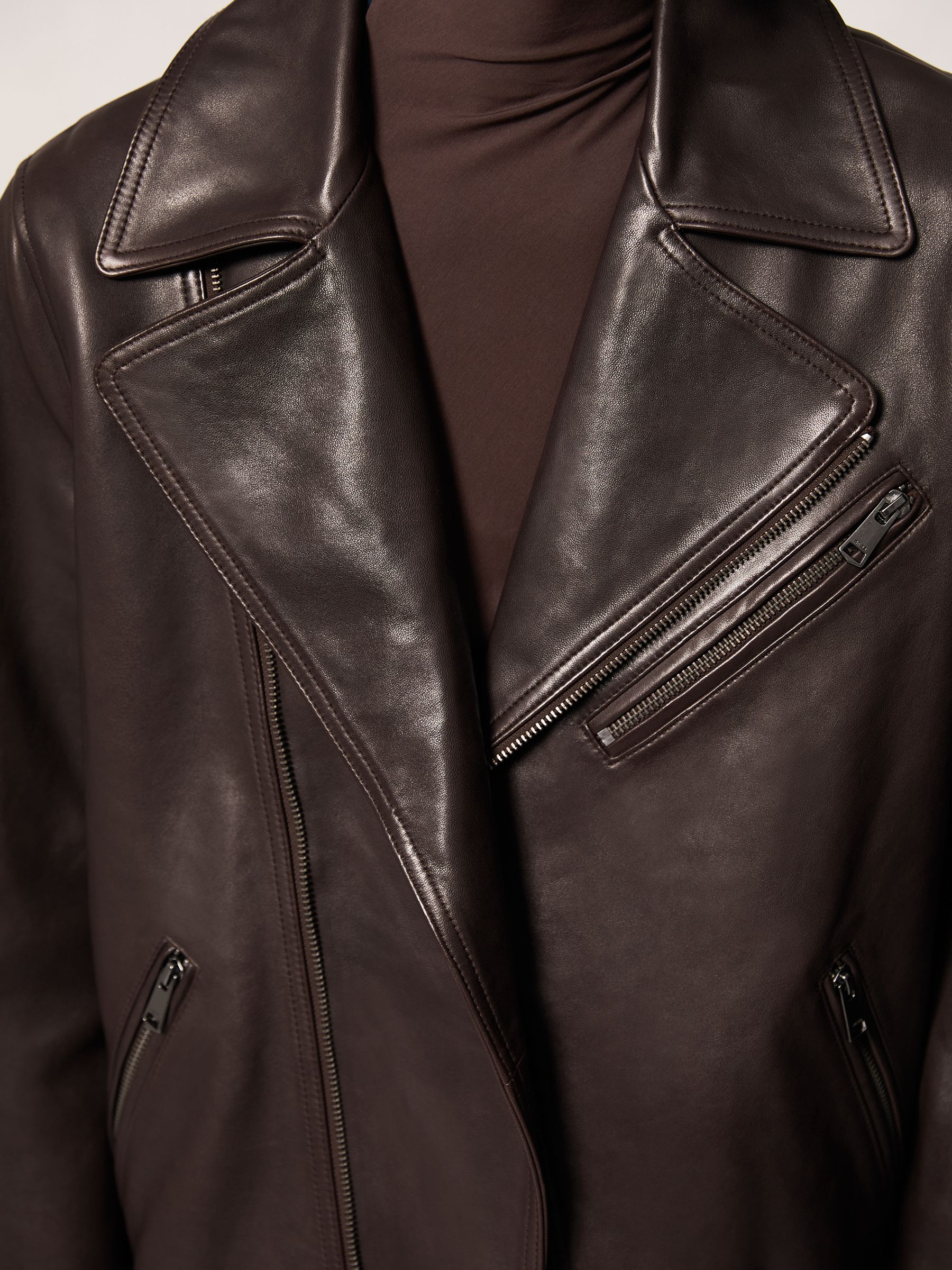 Reiss Leather Biker Jacket in Chocolate Brown - REISS