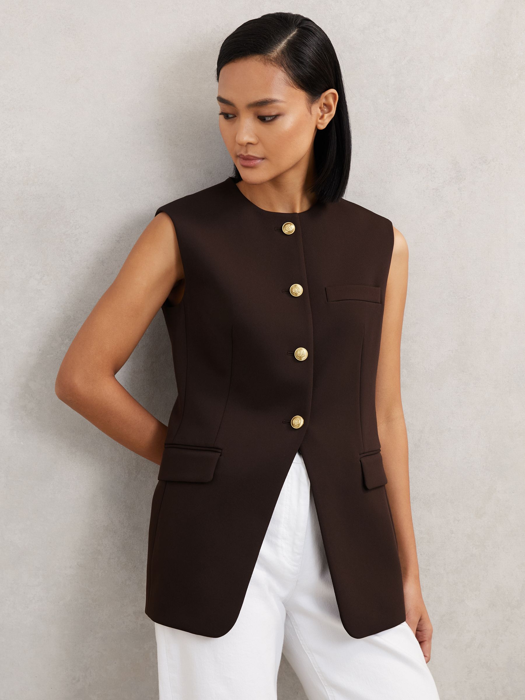 Reiss Longline Button-Through Waistcoat in Chocolate Brown | REISS