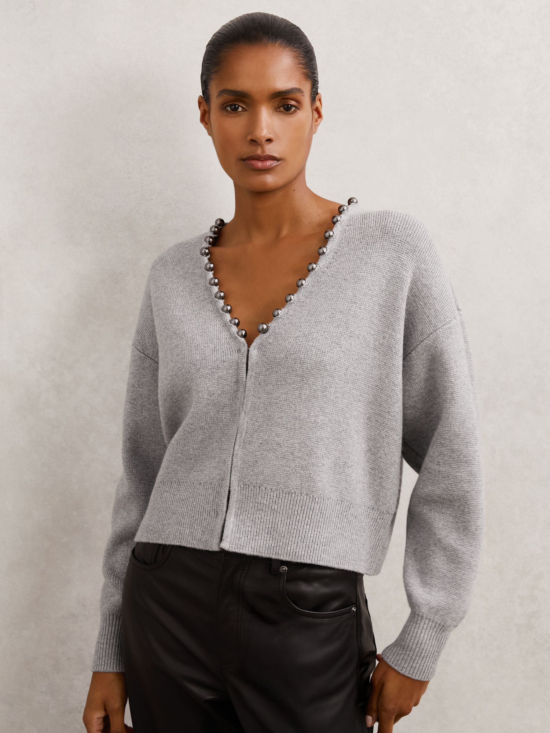 Reiss Wool-Blend Beaded-Trim Cardigan With Cashmere in Grey | REISS