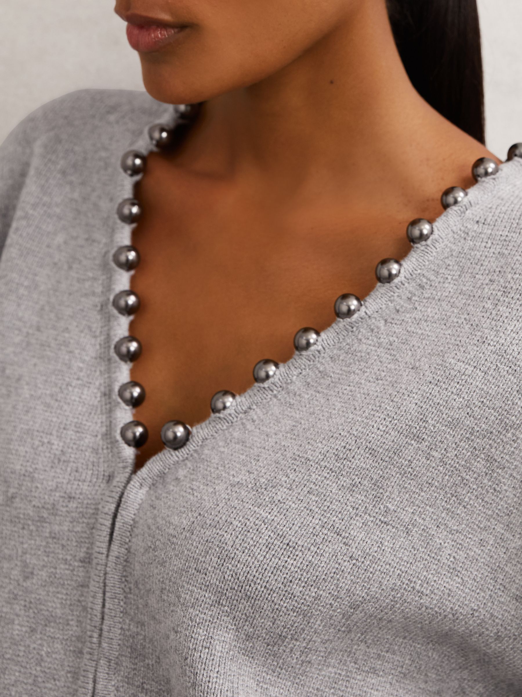 Reiss Wool-Blend Beaded-Trim Cardigan With Cashmere in Grey | REISS
