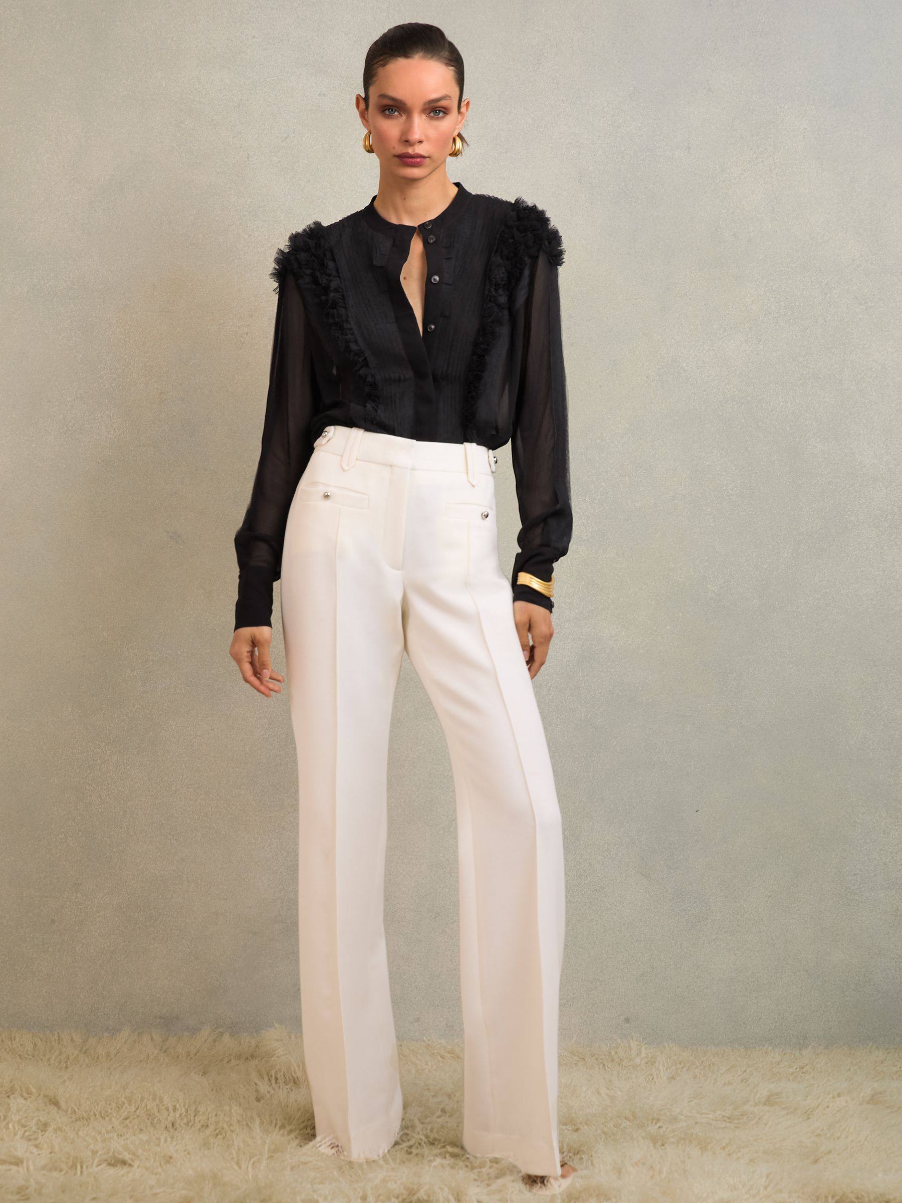 Reiss Atelier Sheer Ruffle-Trim Blouse in Black | REISS