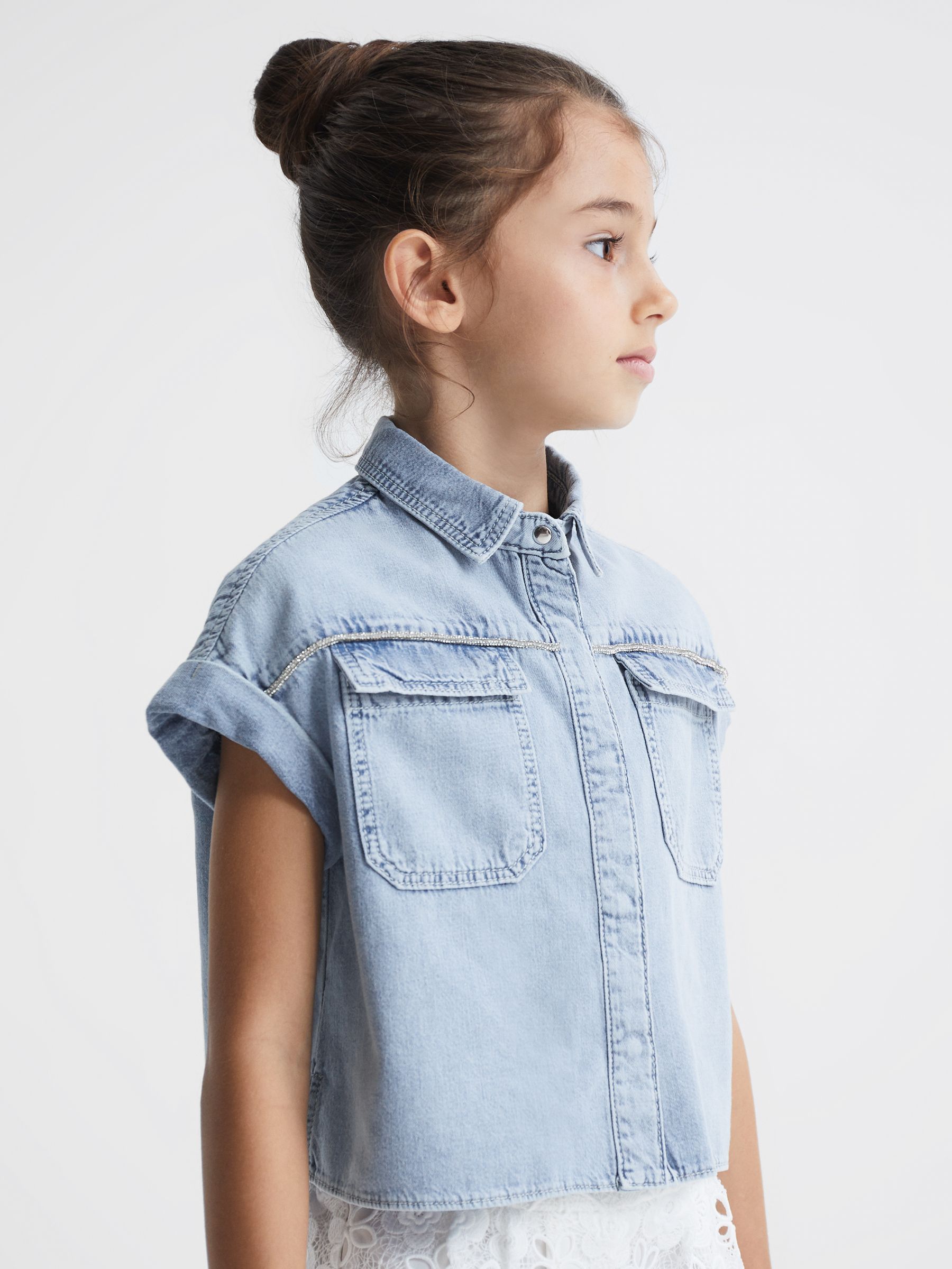 Junior Denim Crop Top in Mid Blue - REISS