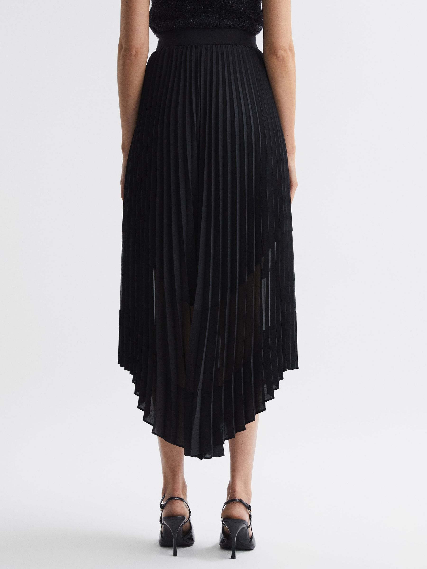 Reiss Black Dina Pleated Layered Asymmetric Midi Skirt | REISS USA