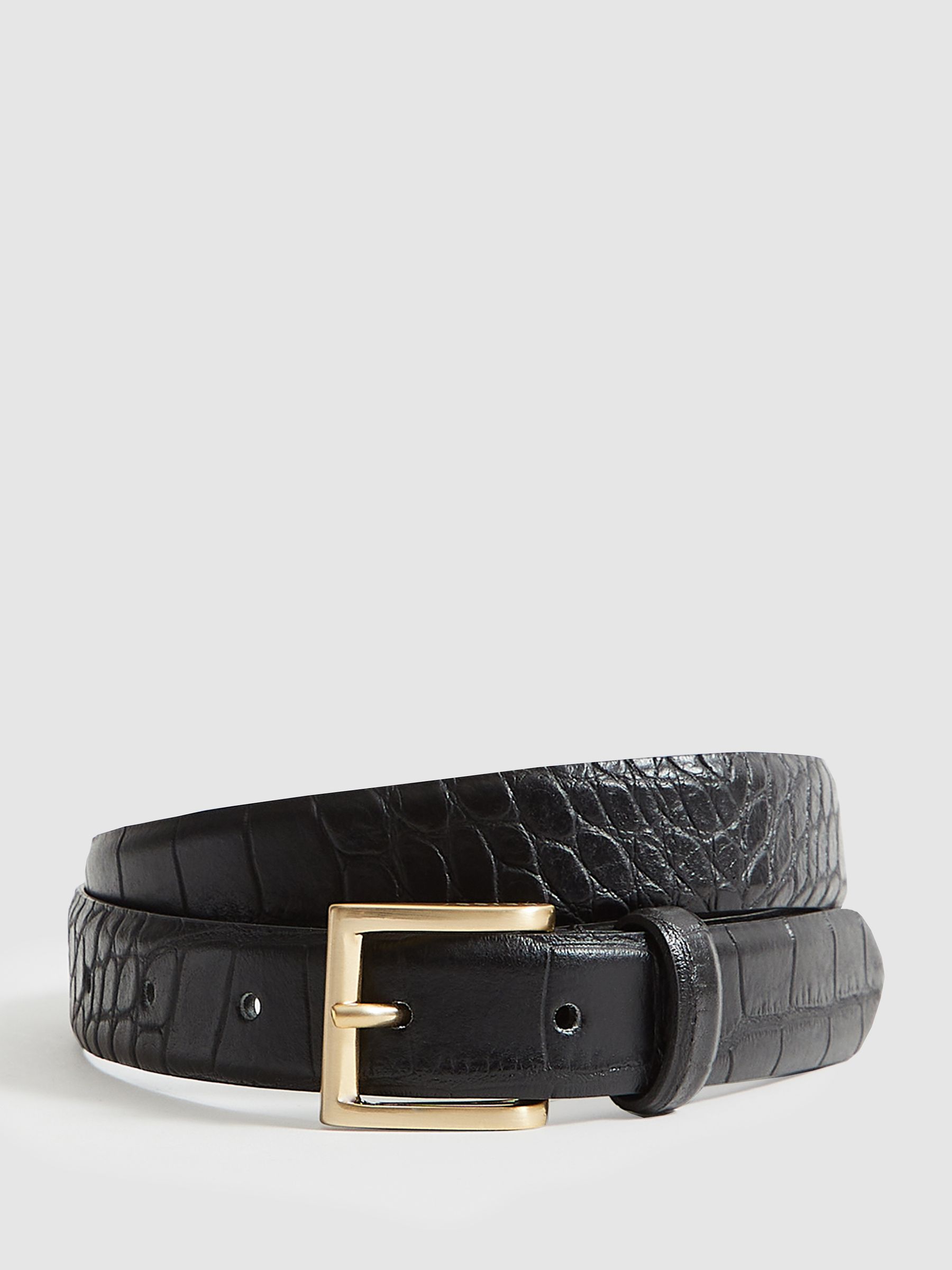 Leather Croc Embossed Belt in Black - REISS