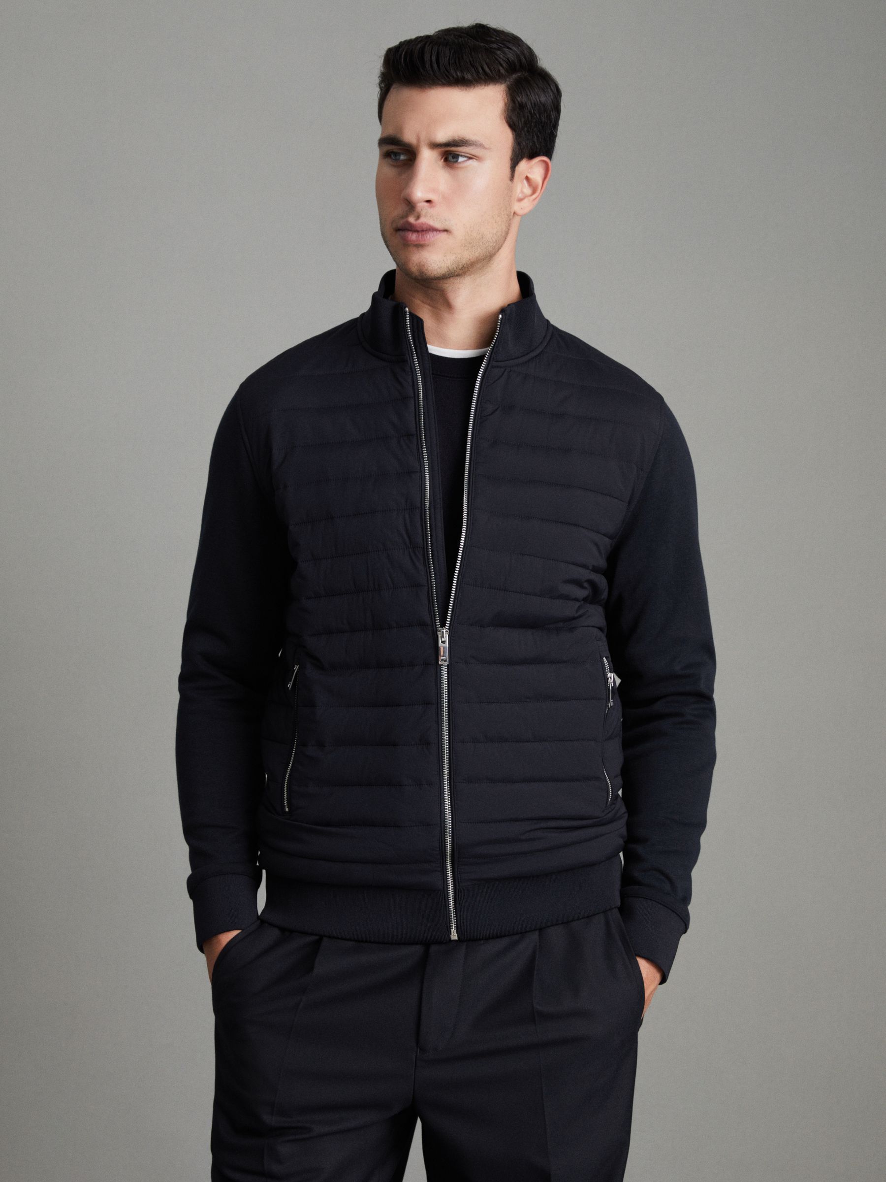 Hybrid Quilt and Knit Zip-Through Jacket in Navy - REISS