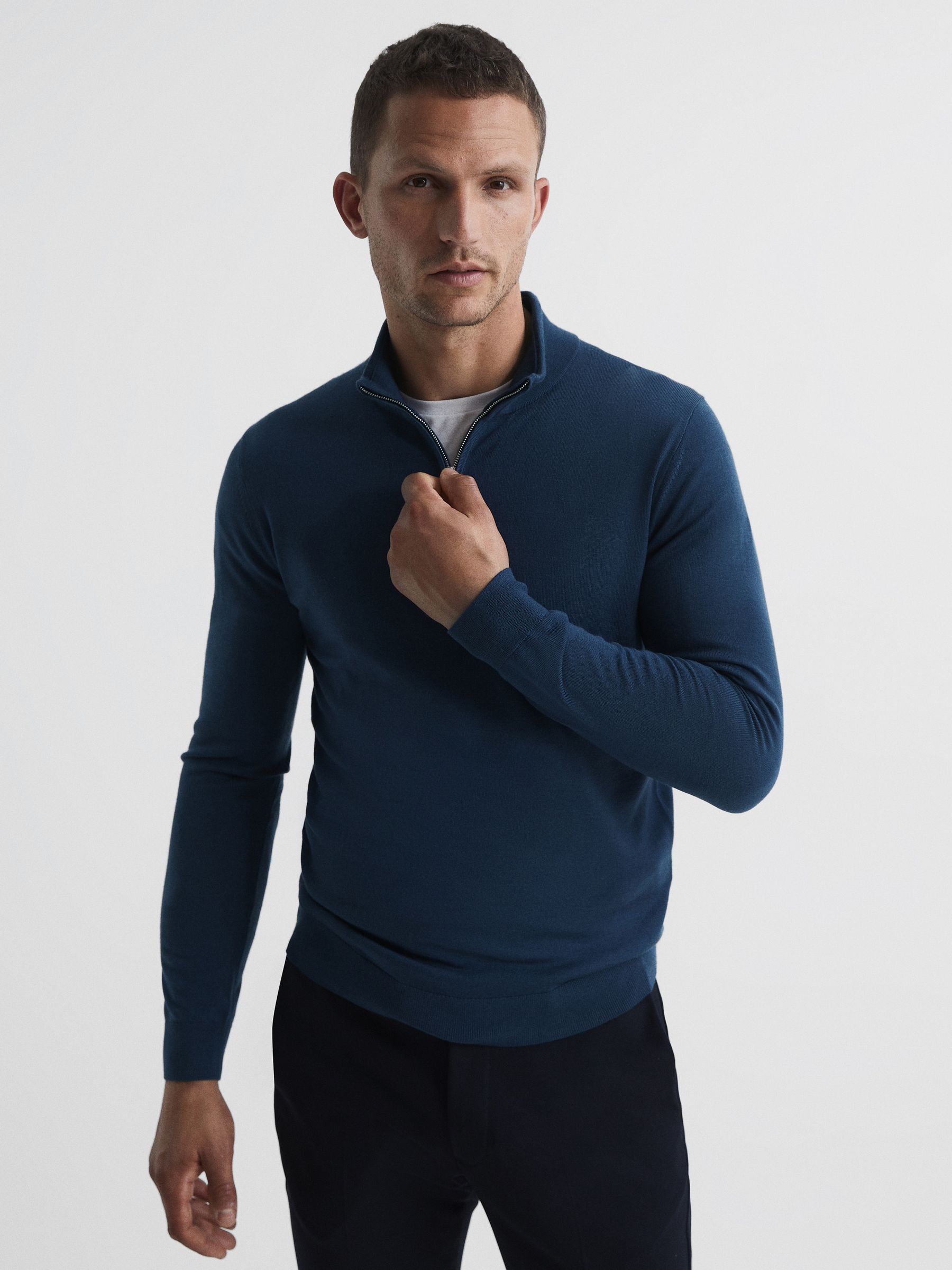 Zip Up Knitted Jumper in Bright Airforce - REISS