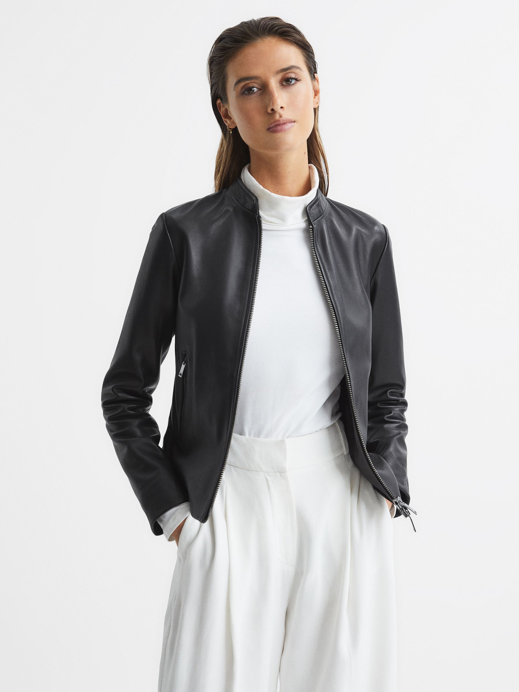 Reiss Allie Leather Collarless Biker Jacket - REISS