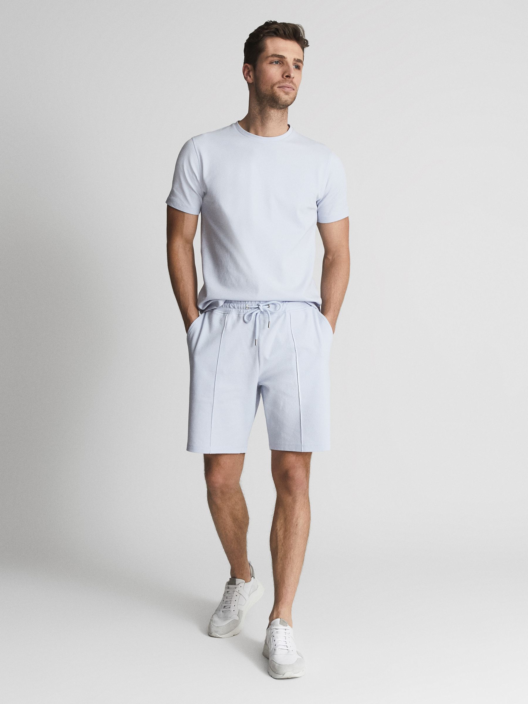 Textured Drawstring Jersey Shorts in Soft Blue - REISS