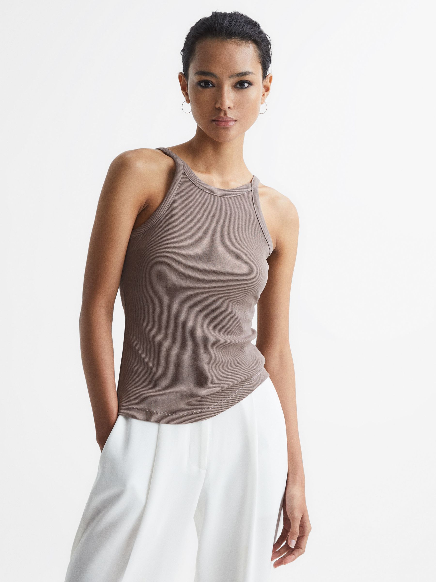 Crew Neck Ribbed Cami Vest Top in Dark Grey - REISS