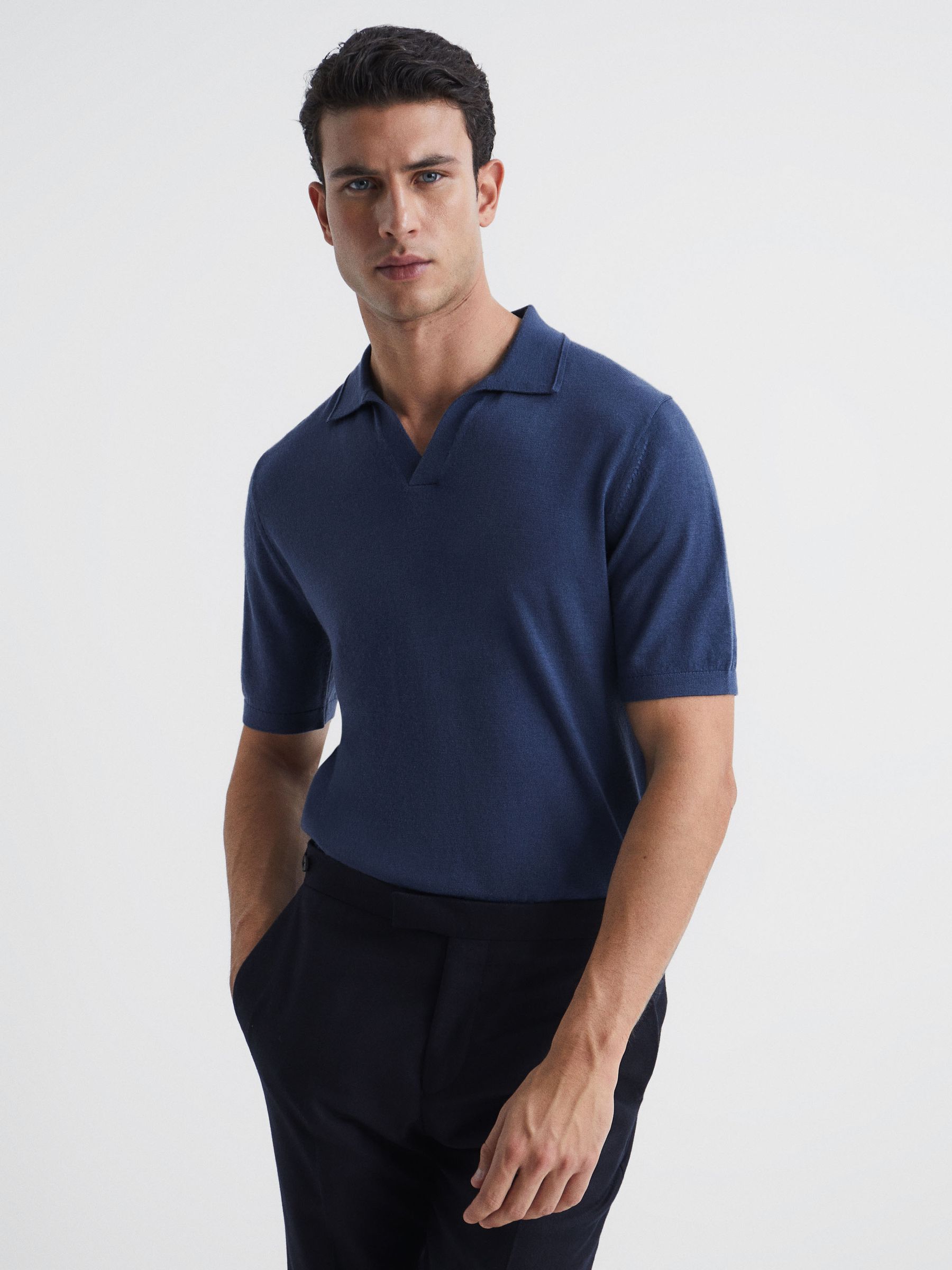 Merino Wool Open Collar Polo Shirt in Azure - REISS