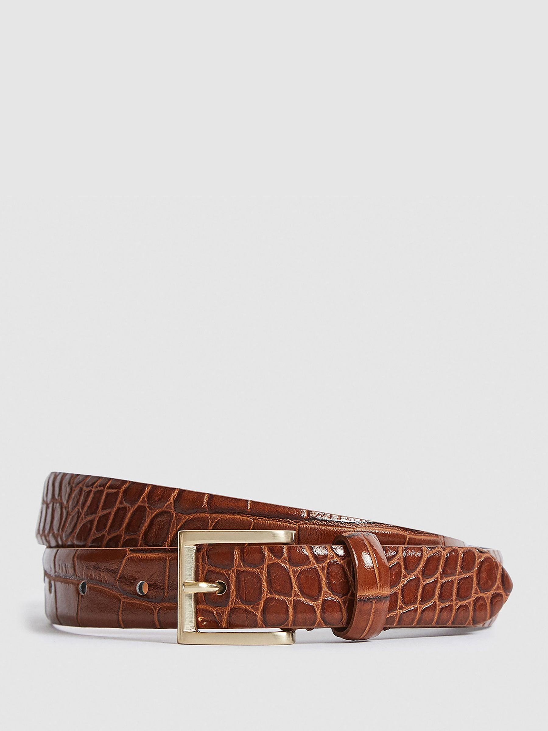 Leather Croc Embossed Belt in Caramel - REISS