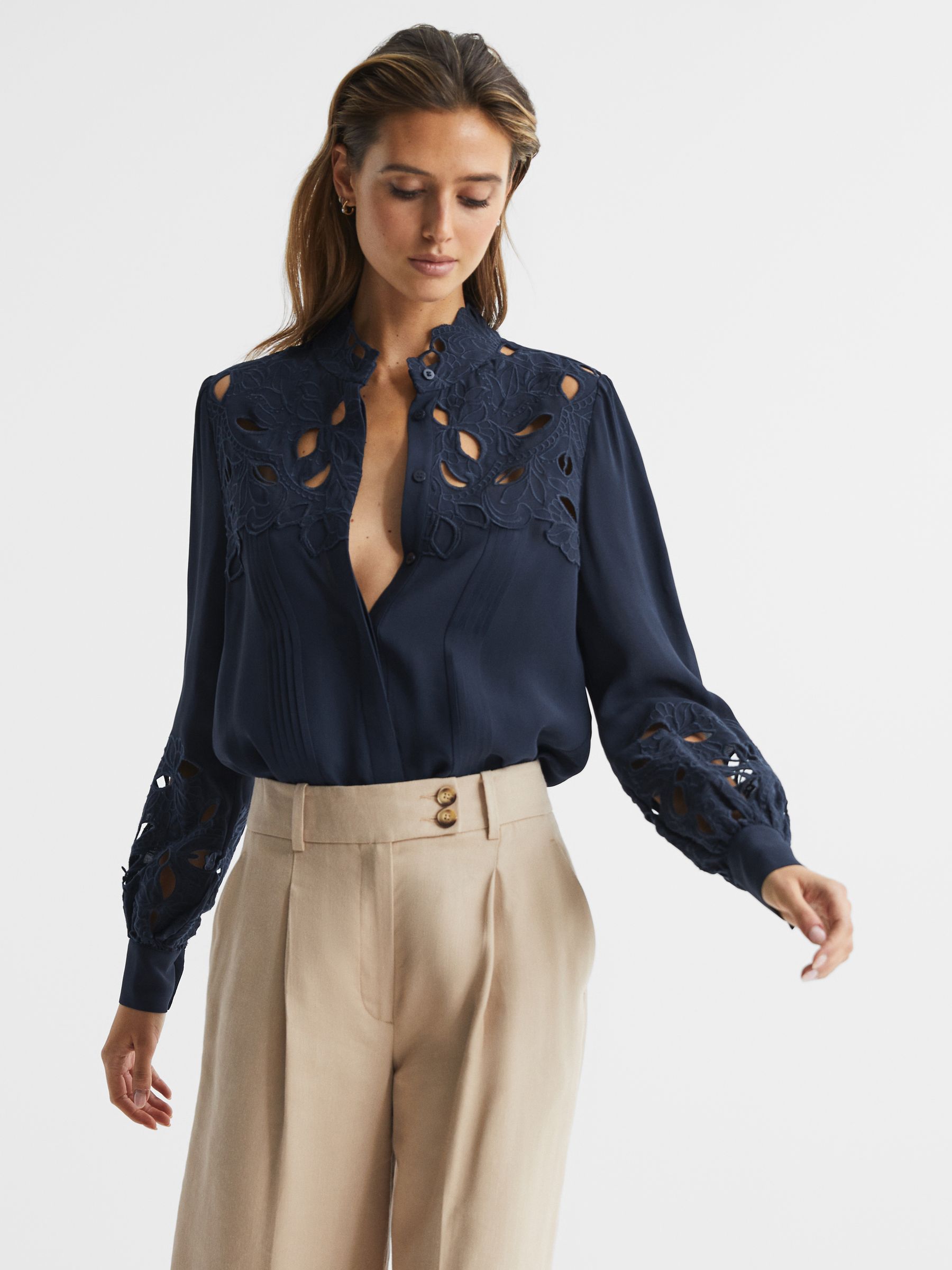 Lace Detail Shirt Blouse in Navy - REISS