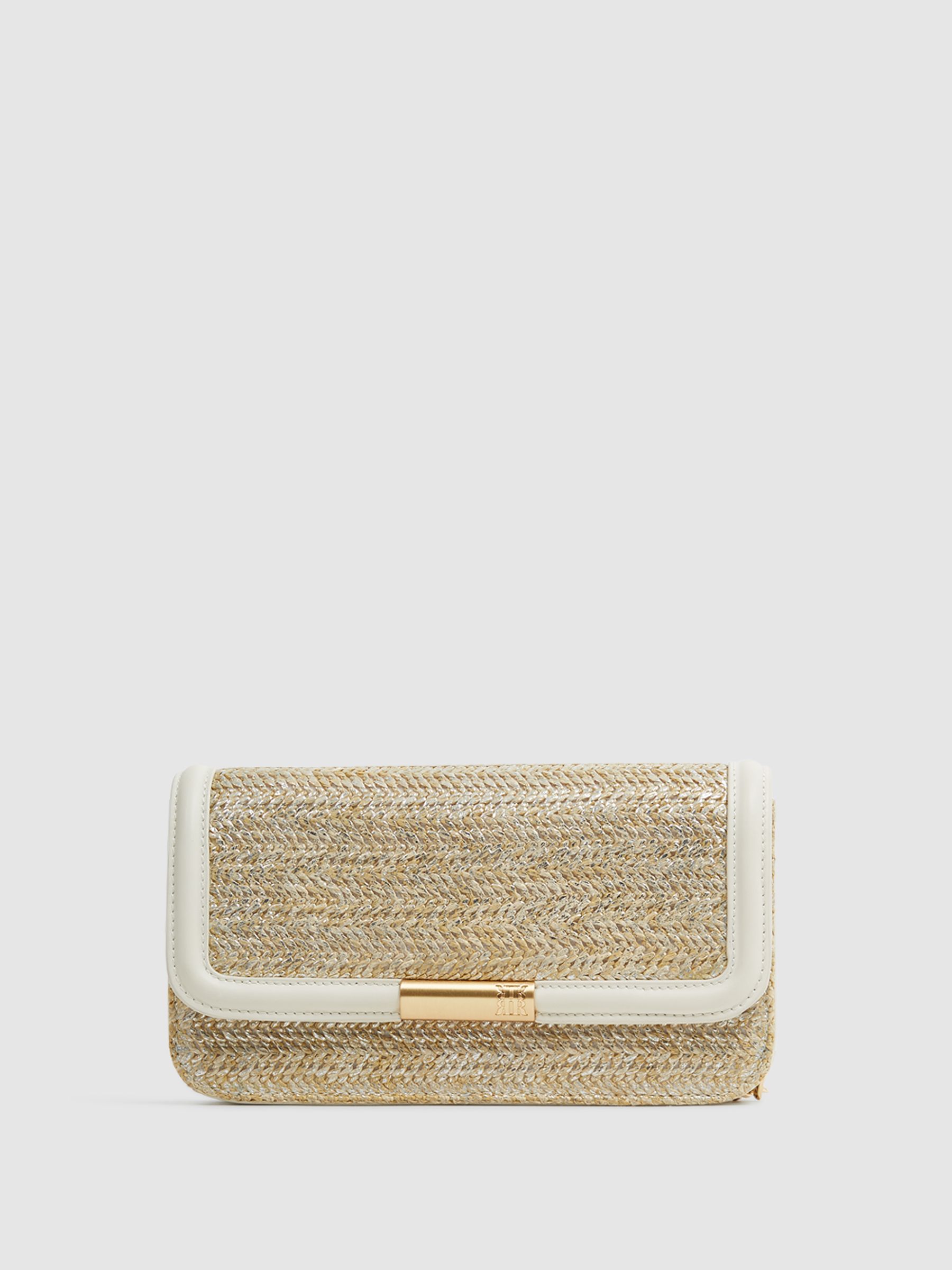 Raffia Clutch Bag in Silver/Off White - REISS