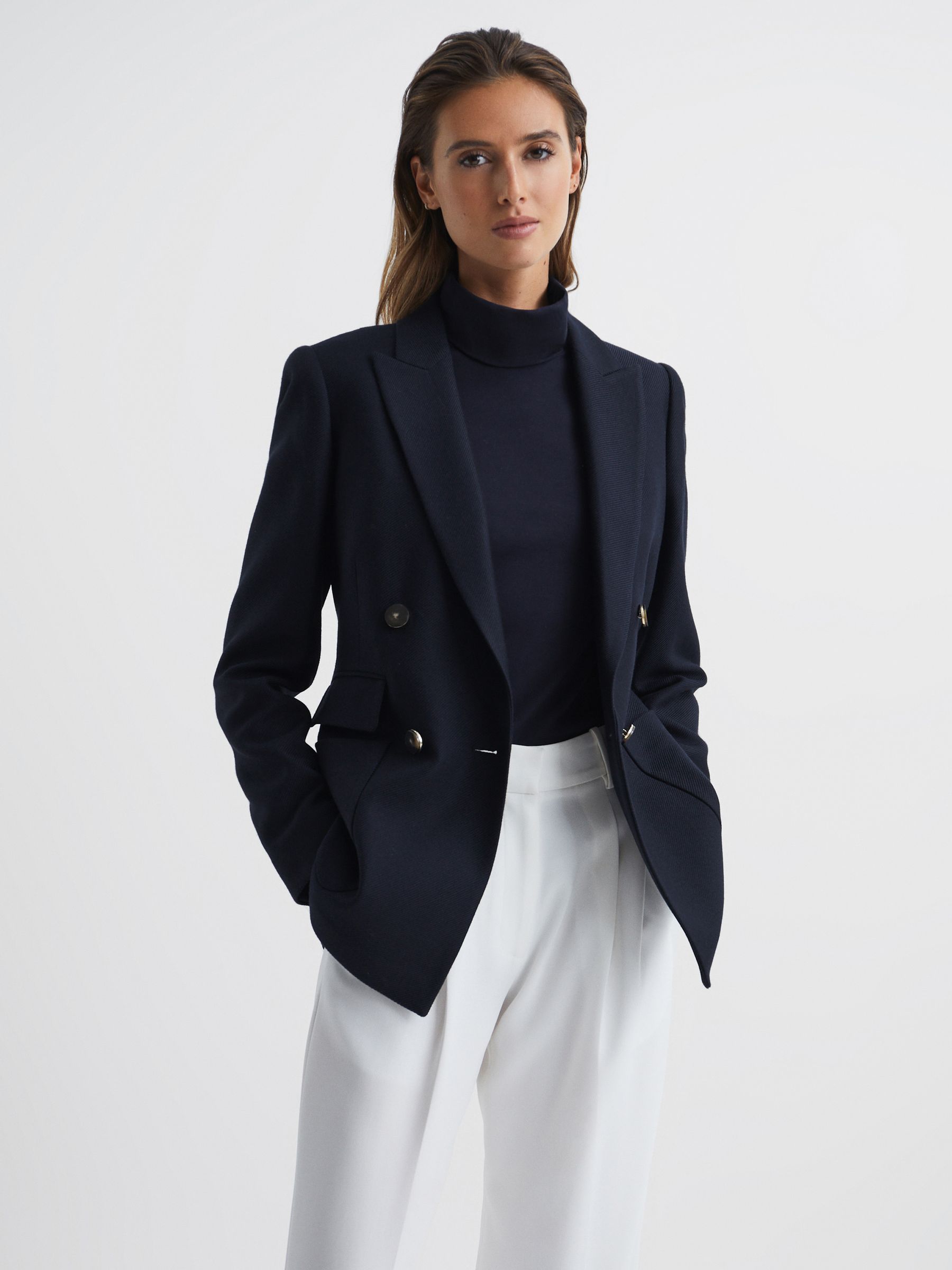 Double Breasted Twill Blazer in Navy - REISS