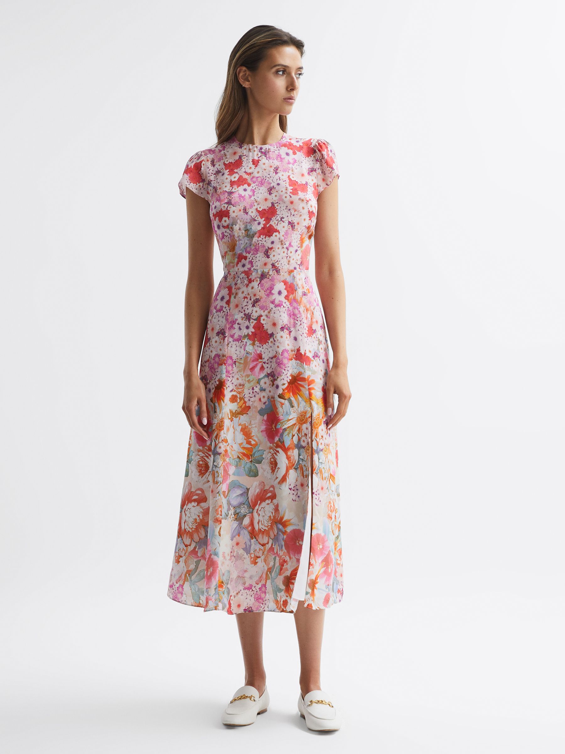Floral Print Midi Dress in Pink - REISS