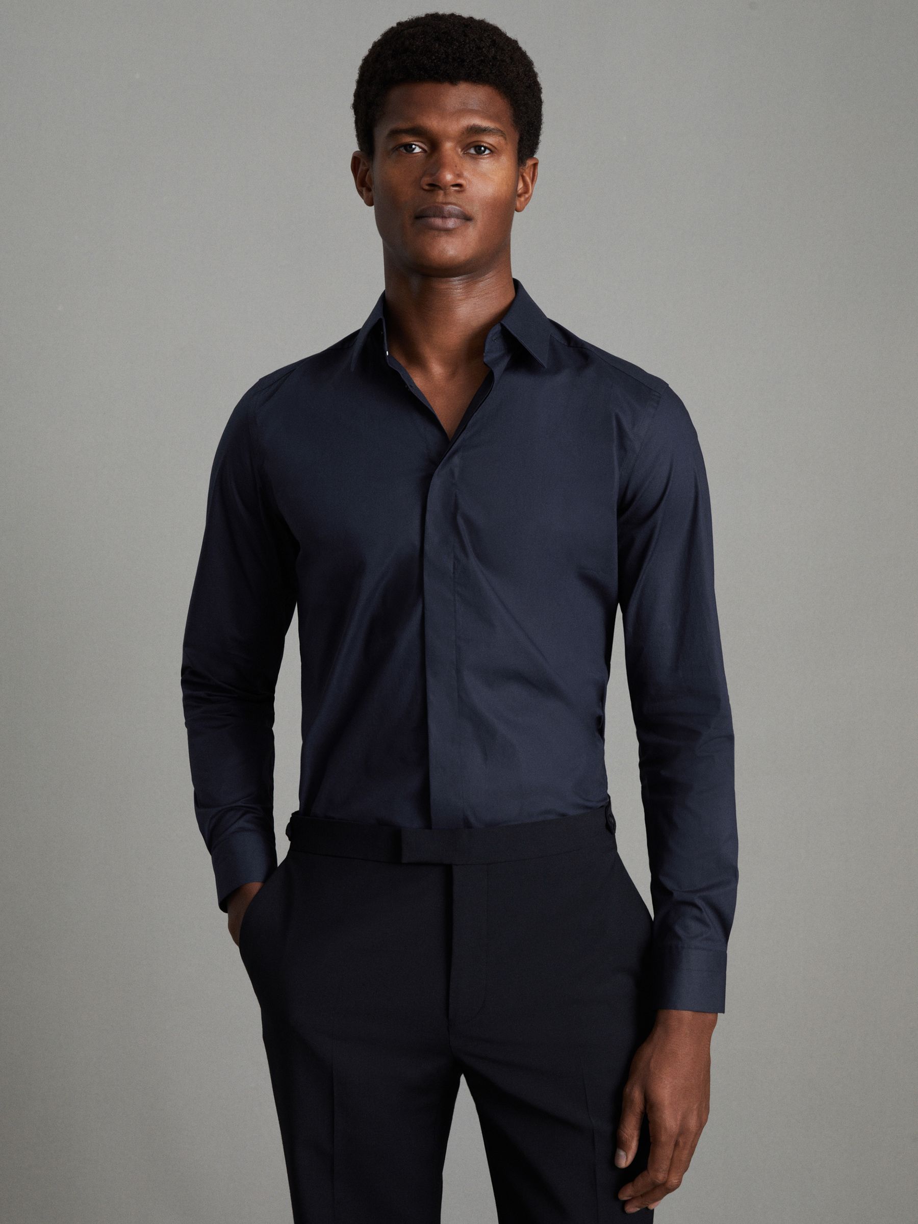 Slim Fit Cotton Blend Shirt in Navy - REISS