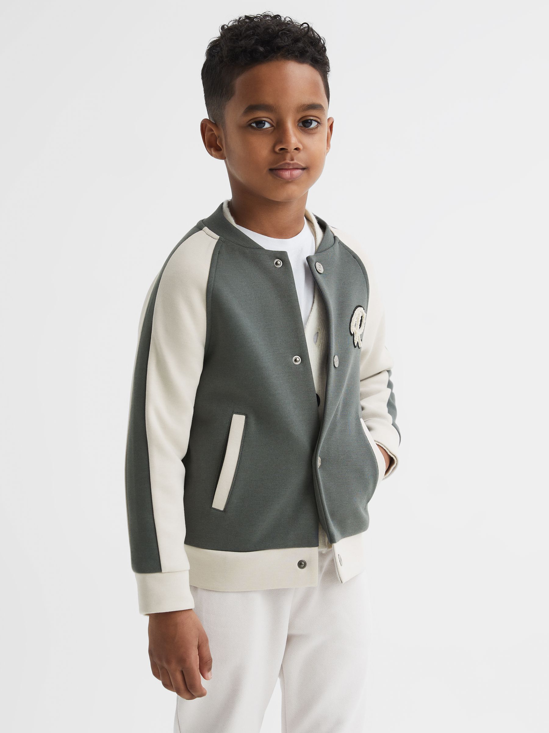 Junior Long Sleeve Interlock Bomber Jacket in Light Khaki/Ecru - REISS