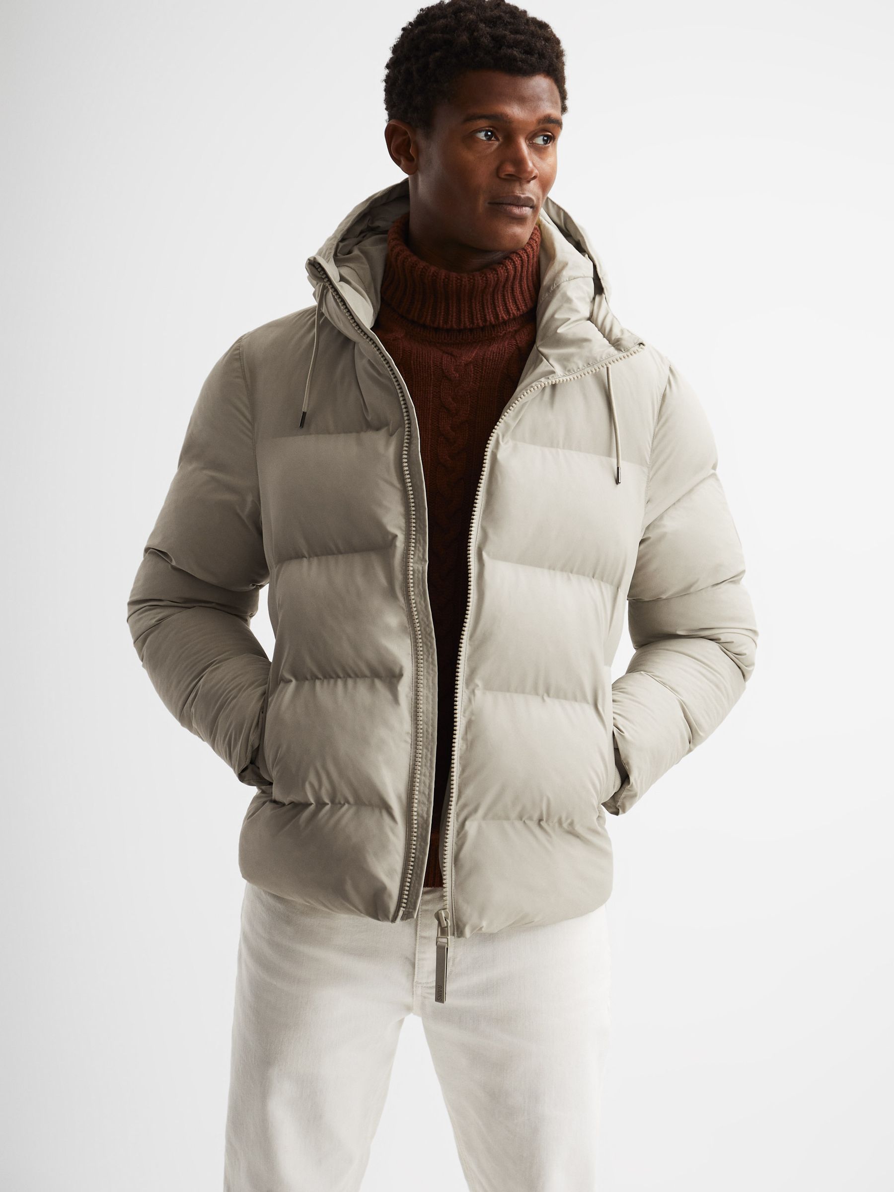 Rains Hooded Puffer Jacket in Putty - REISS