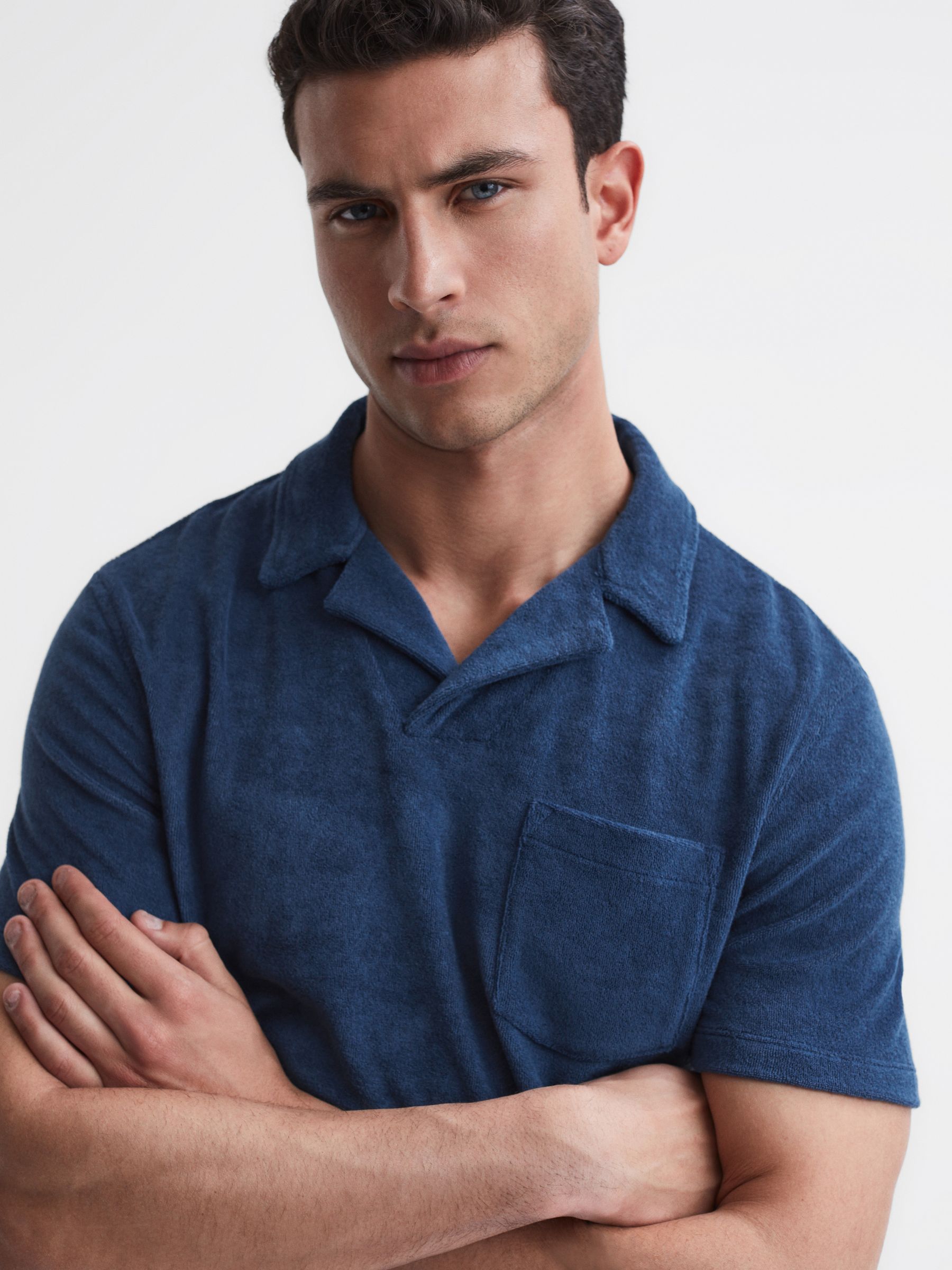 Towelling Cuban Collar Polo Shirt in Royal Blue - REISS