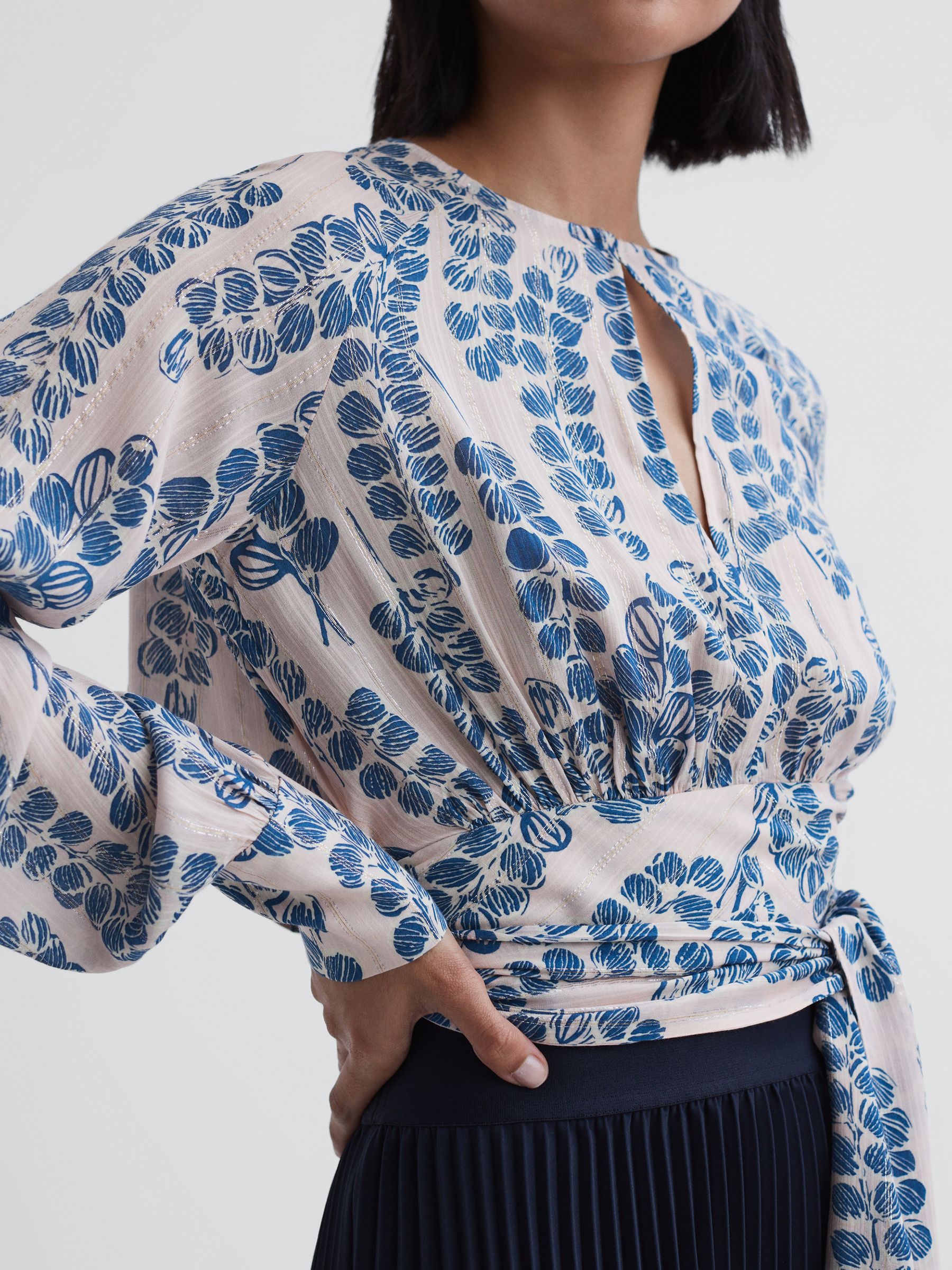 Cropped Printed Belted Blouse in Pink/Blue - REISS