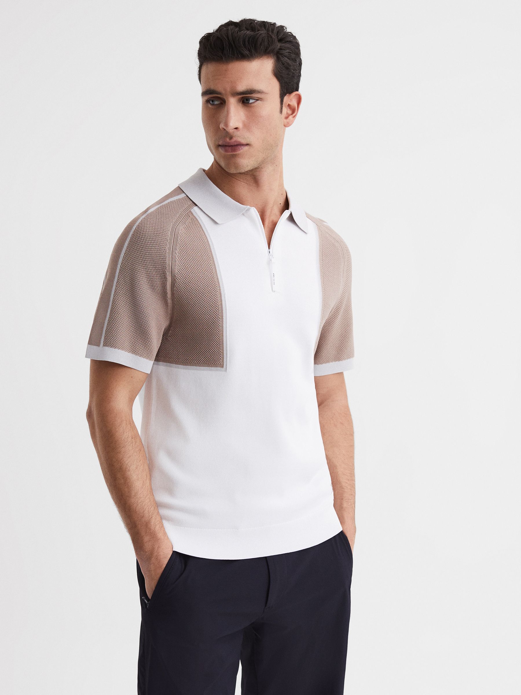 Golf Colourblock Half-Zip T-Shirt in White/Stone - REISS