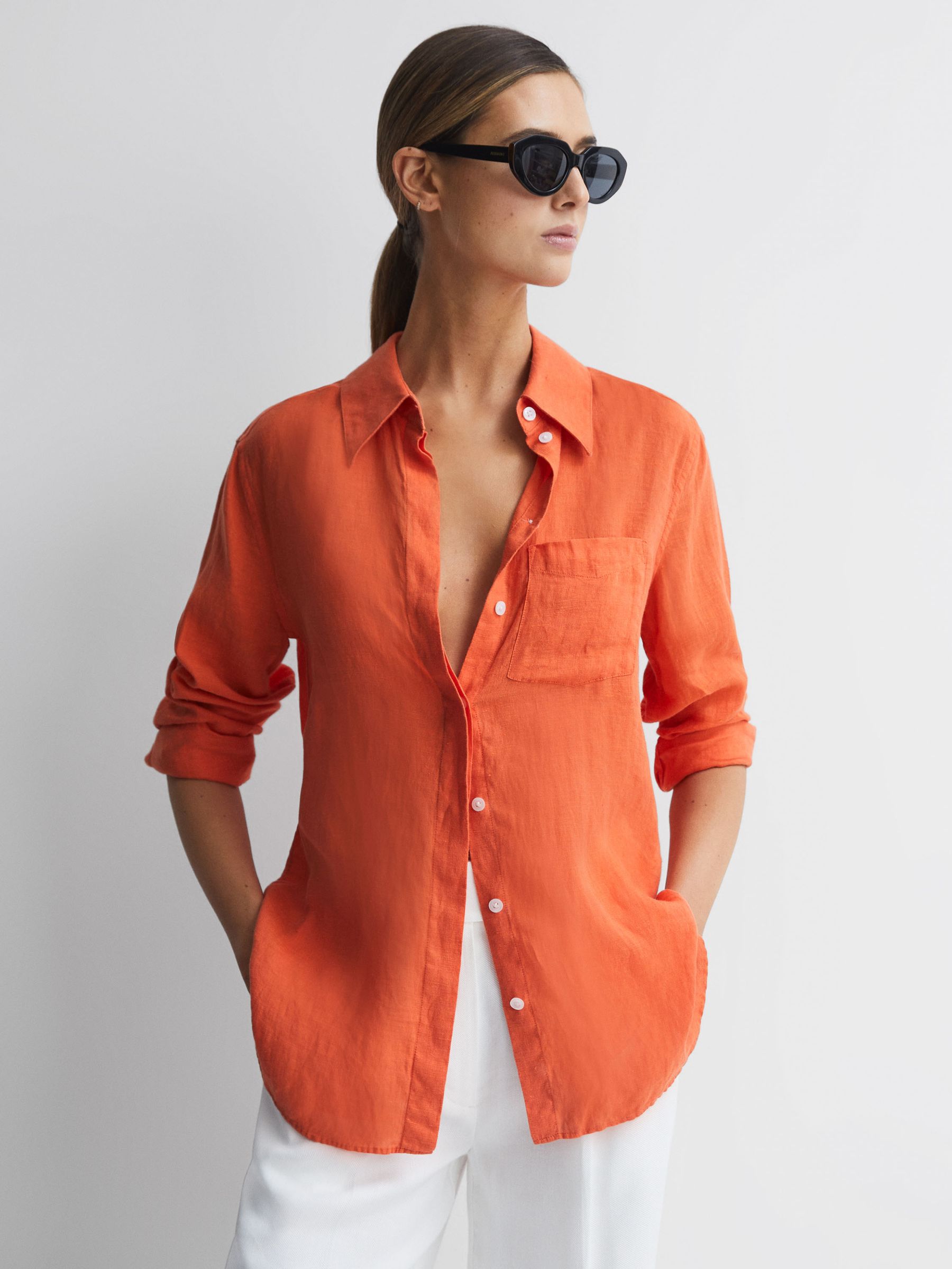 Linen Long Sleeve Shirt in Orange - REISS