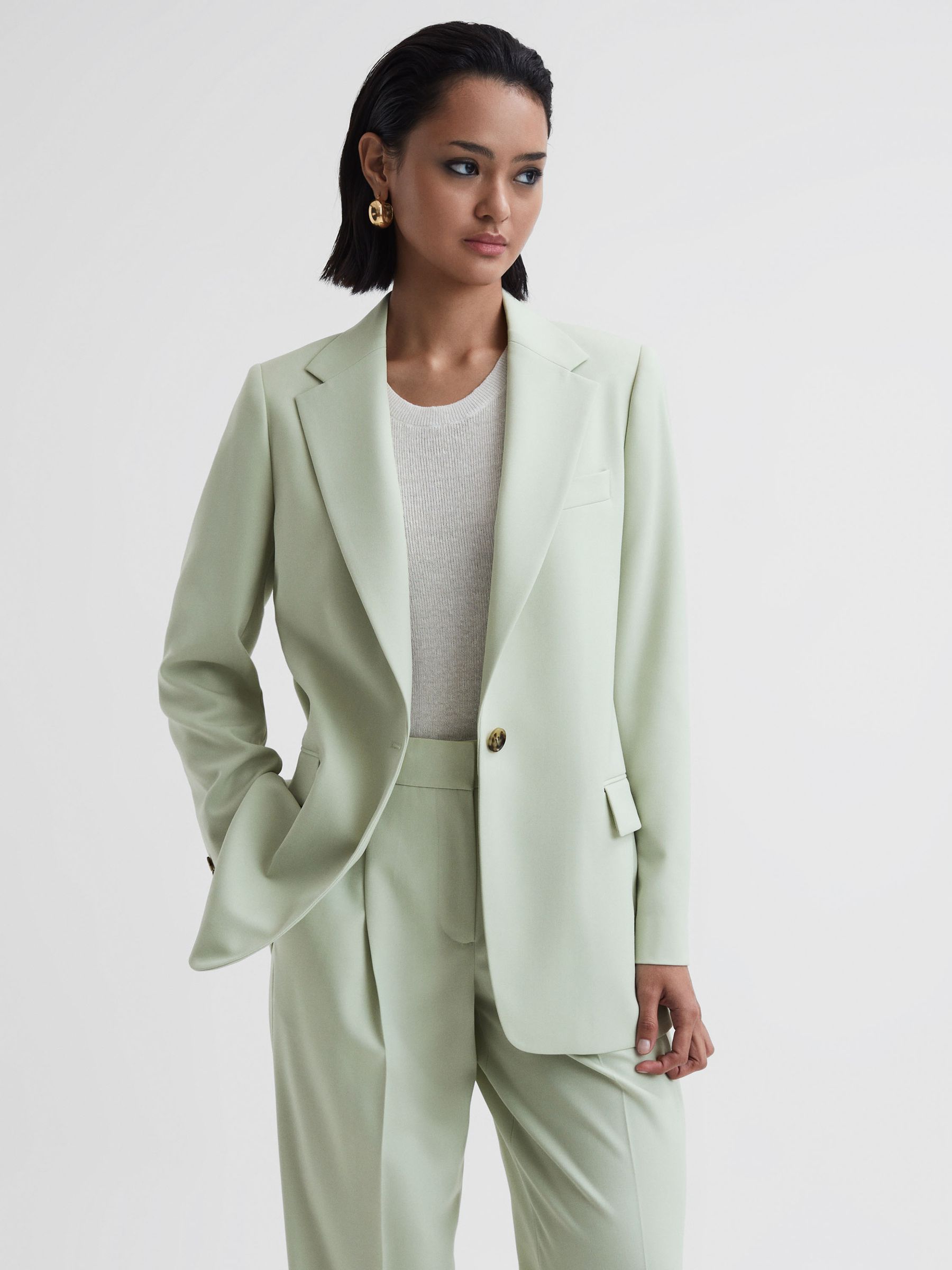 Single Breasted Wool Blend Blazer in Green - REISS