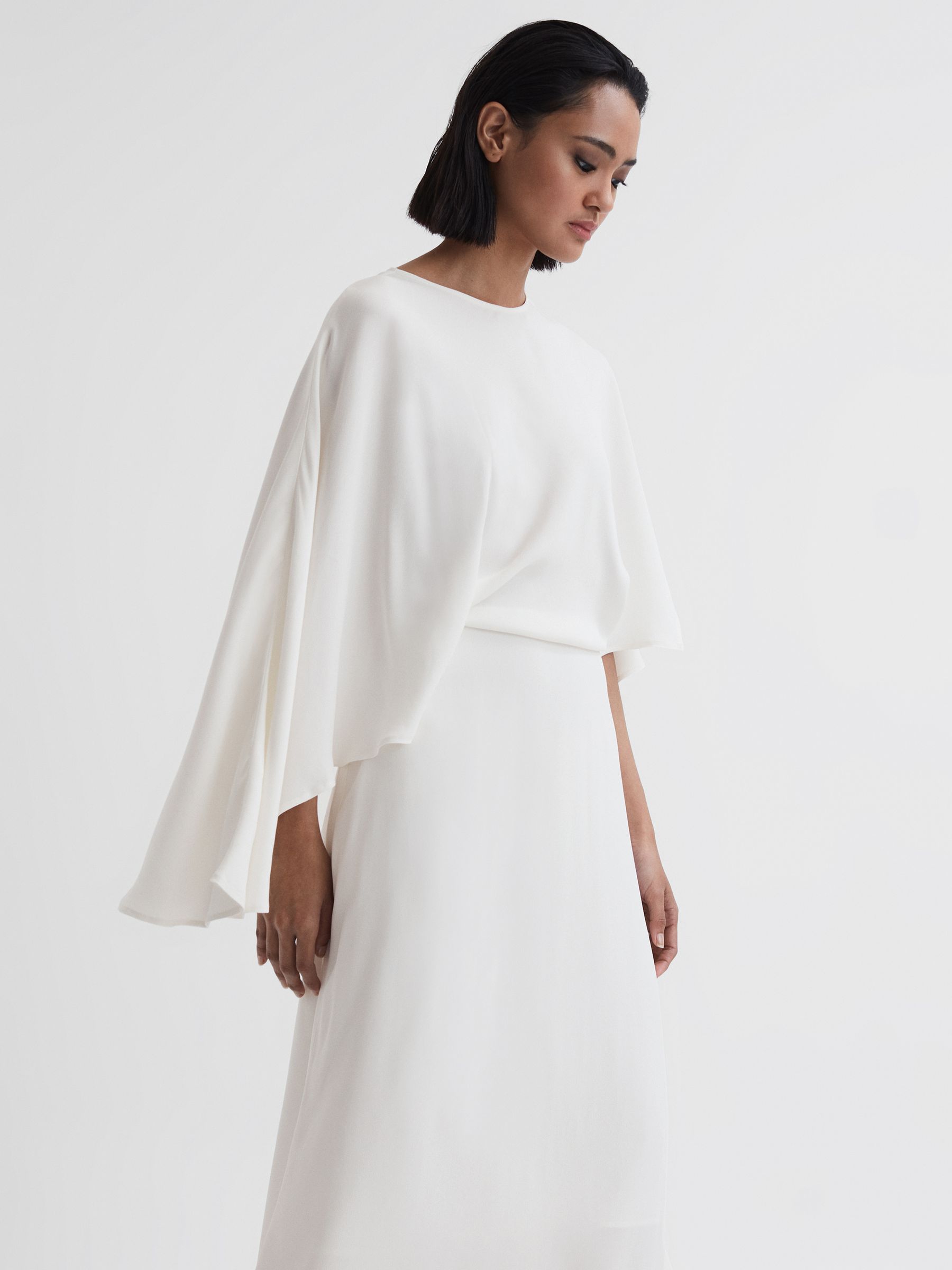 Cape Sleeve Asymmetric Maxi Dress in Ivory - REISS