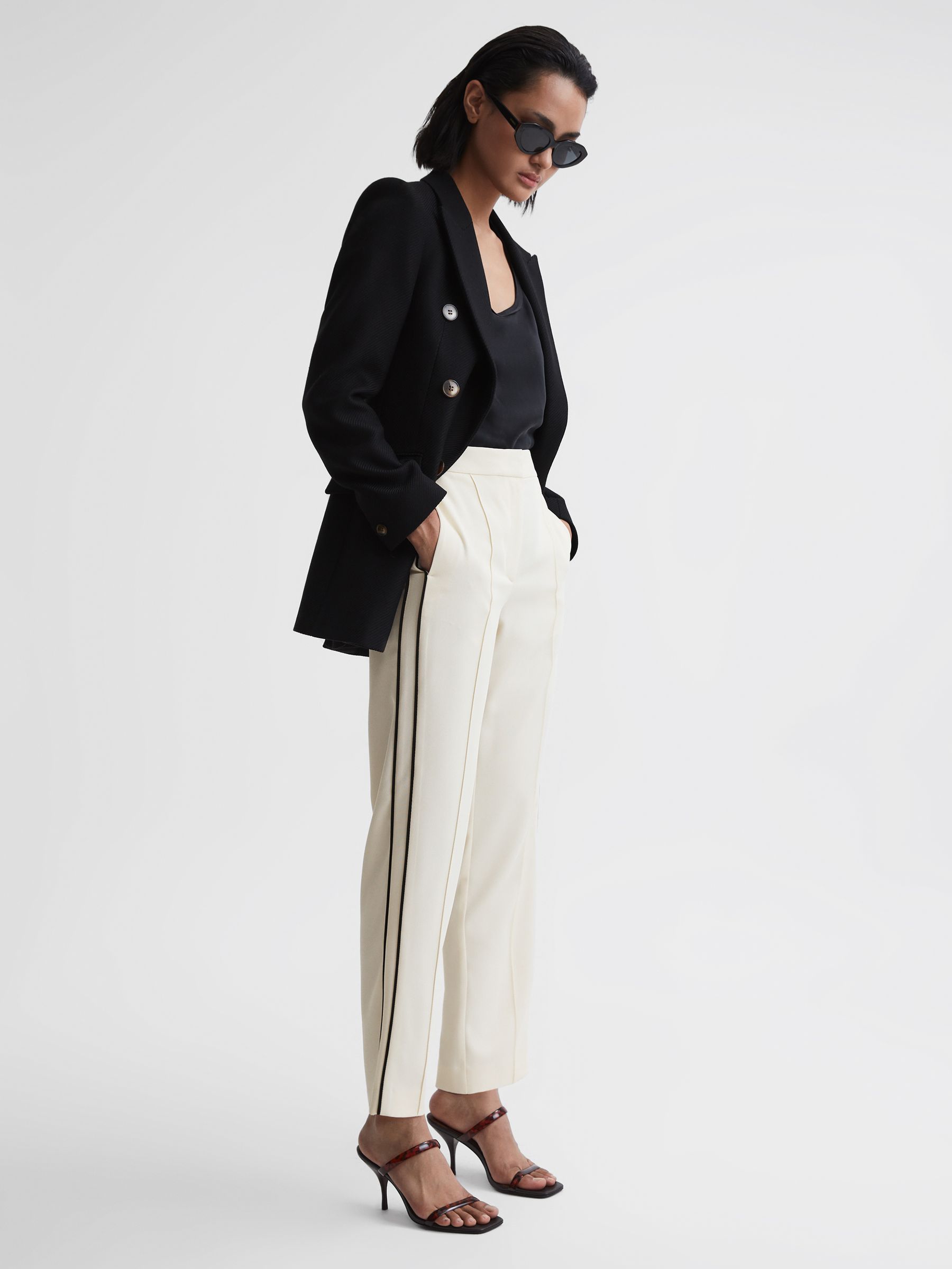 Tapered Fit Side Stripe Trousers in Cream - REISS